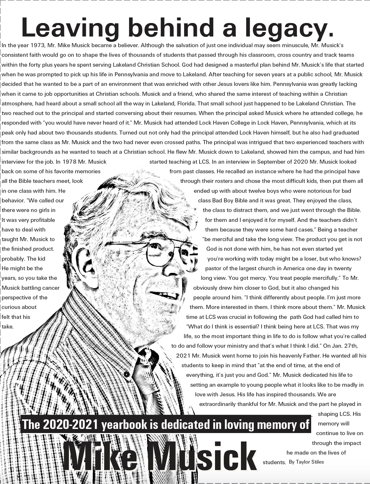 Yearbook Dedication to Mike Musick - Lakeland Christian School